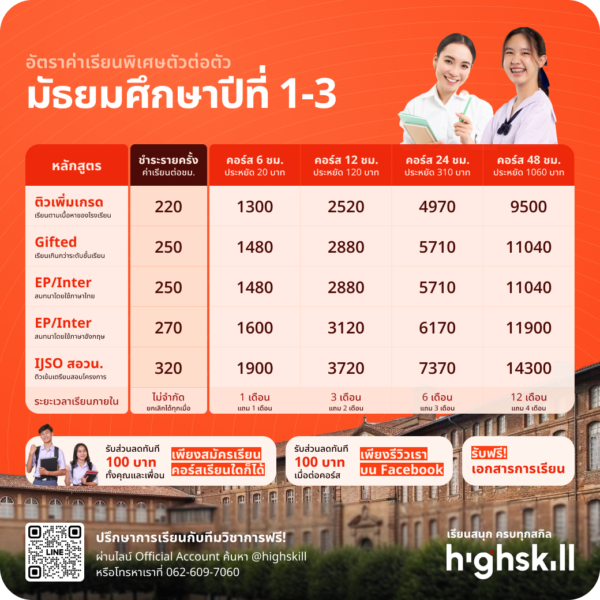 ค่าเรียน ค่าเรียนพิเศษตัวต่อตัว | Highskill ติวเตอร์ตัวต่อตัว ติวออนไลน์ สอนพิเศษ ติวสอบเข้า ม.1 ...